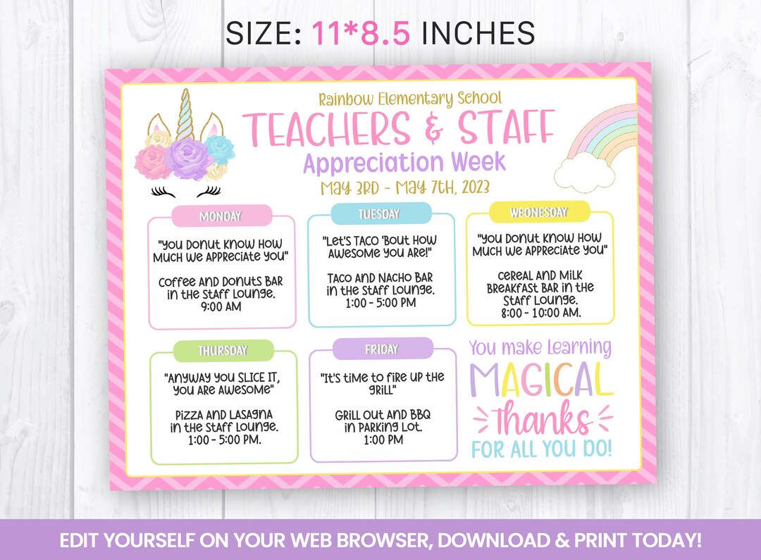 EDITABLE Unicorn and Rainbow Teacher and Staff Appreciation Week ...