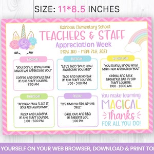 EDITABLE Unicorn and Rainbow Teacher and Staff Appreciation Week ...