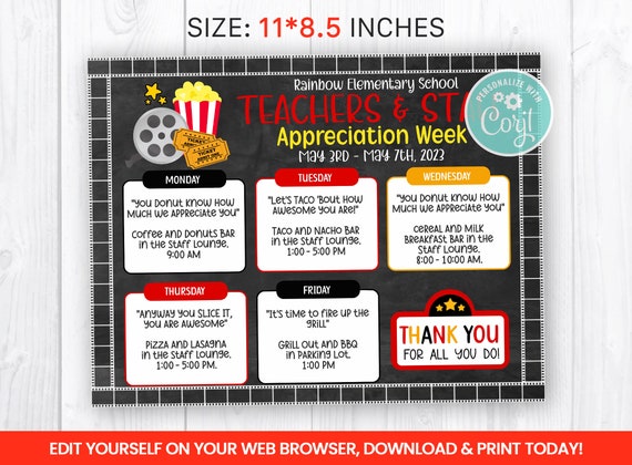 EDITABLE Teacher and Staff Appreciation Week Flyer, Itinerary Week Self ...