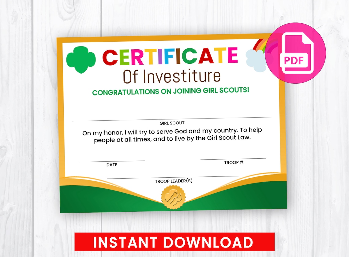 Girl Scout Investiture Certificate PDF Instant Download - Etsy