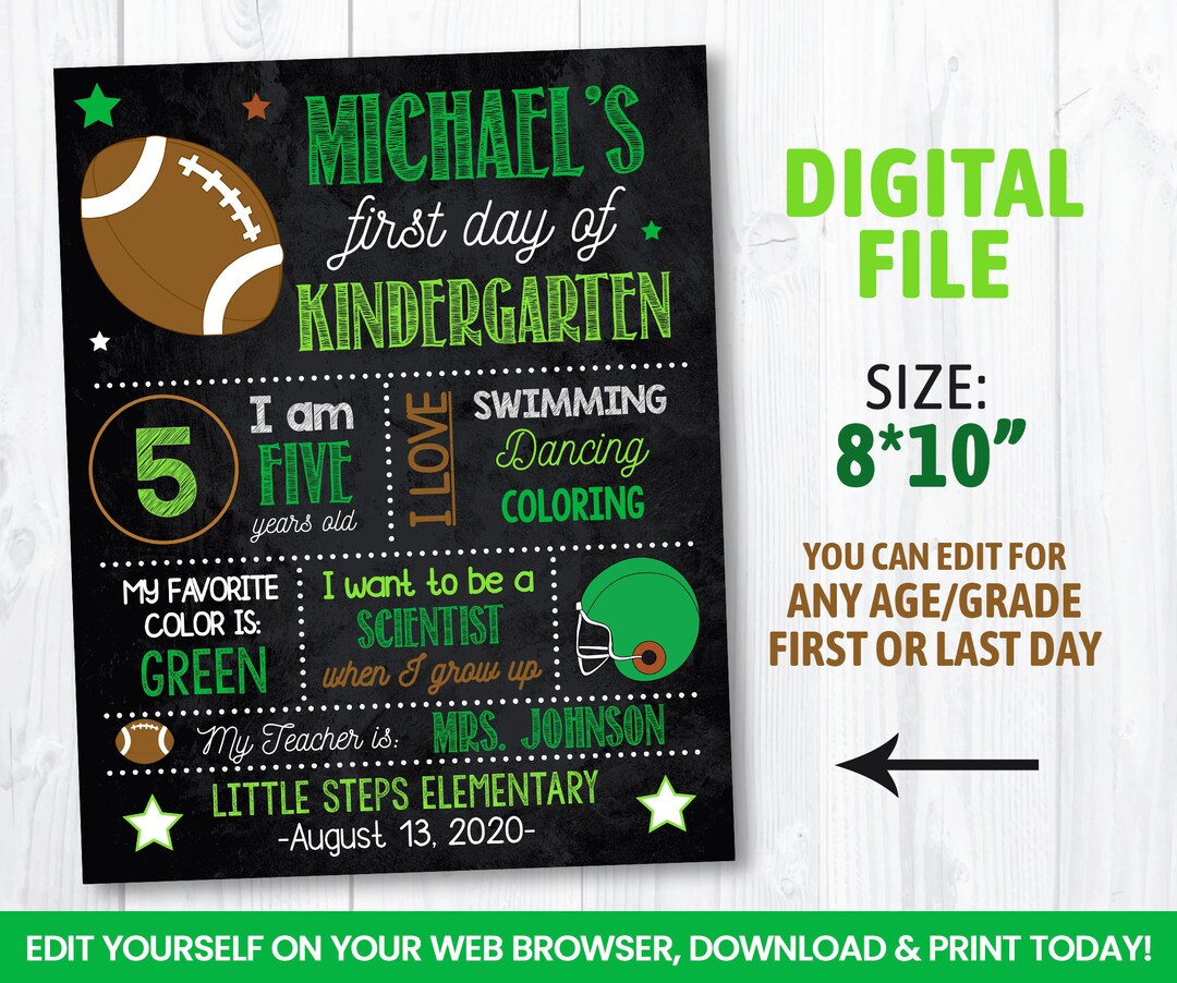 EDITABLE Fottball 1st Day of School Chalkboard Sign, Sports Self ...