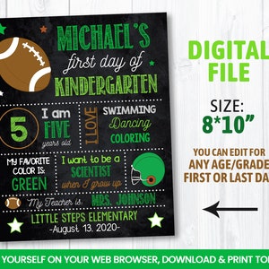 EDITABLE Fottball 1st Day of School Chalkboard Sign, Sports Self ...