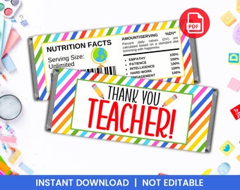 TEACHER APPRECIATION Chocolate Bar Wrapper Printable Instant Digital ...