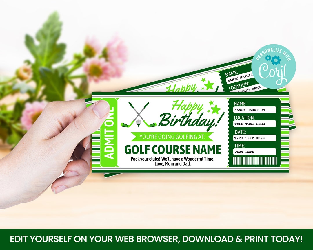 EDITABLE Golfing Trip Surprise Ticket, Happy Birthday Self Editing Golf ...