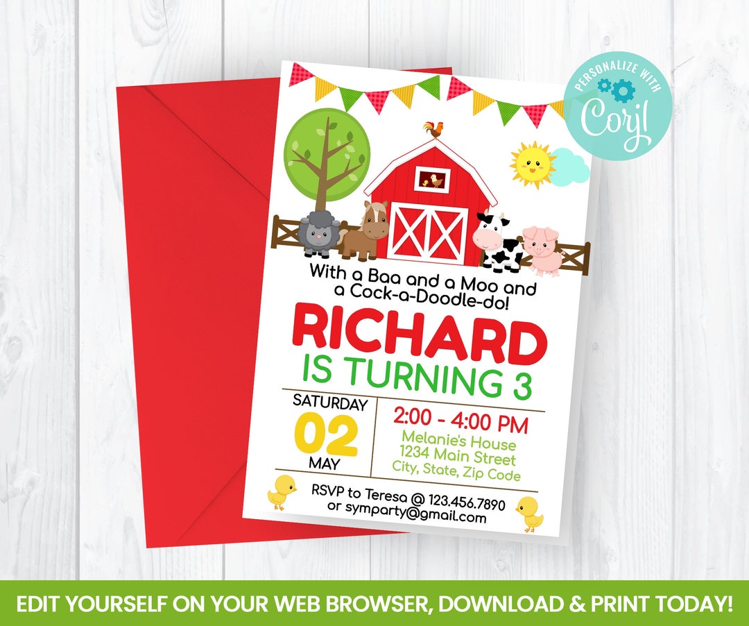 Editable Farm Invitation, Boy or Girl Self Editing Invite, INSTANT ...