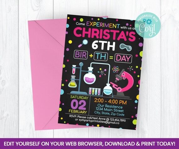 Editable Science Party Invitation Experment Laboratory Self Editing