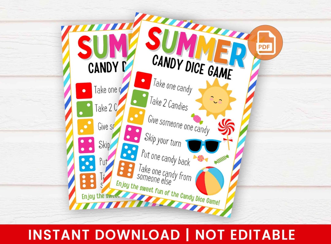 Summer Dice Game: Printable Candy Template INSTANT DOWNLOAD - Etsy
