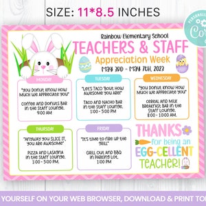 EDITABLE Easter Teacher and Staff Appreciation Week Itinerary, Spring ...