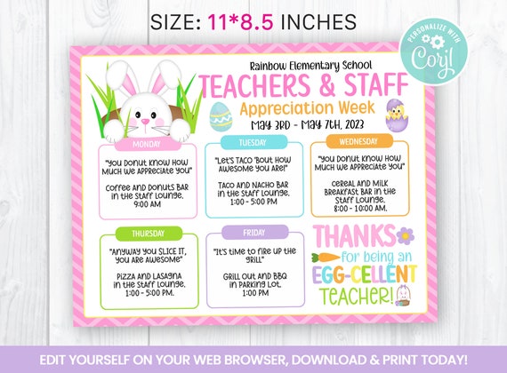 EDITABLE Easter Teacher and Staff Appreciation Week Itinerary, Spring ...