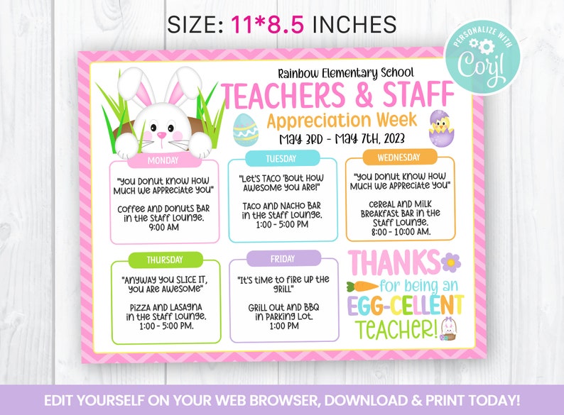 EDITABLE Easter Teacher and Staff Appreciation Week Itinerary - Etsy