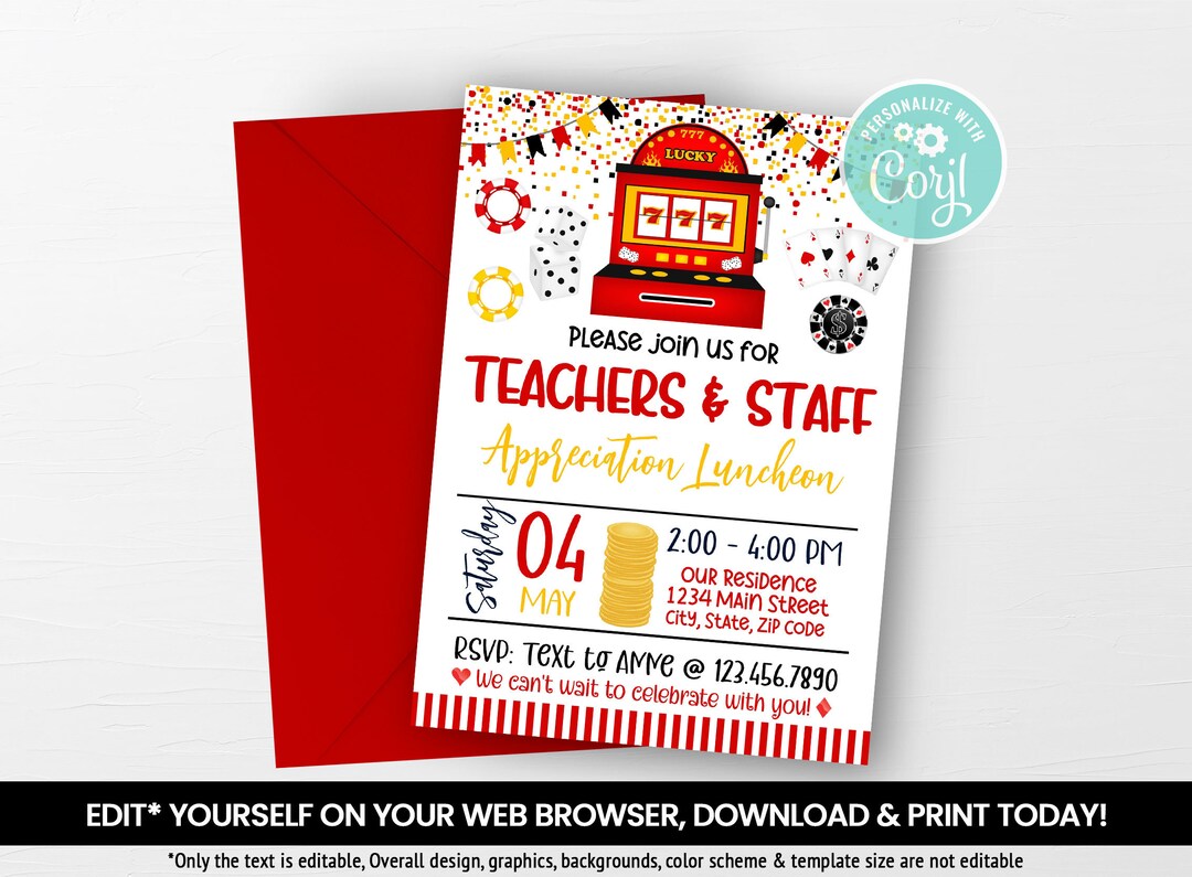 EDITABLE Casino Night Teacher Staff Appreciation Invitation, Jackpot ...