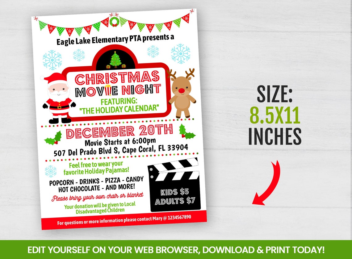 EDITABLE Christmas Movie Night Flyer Template Outdoor Family - Etsy