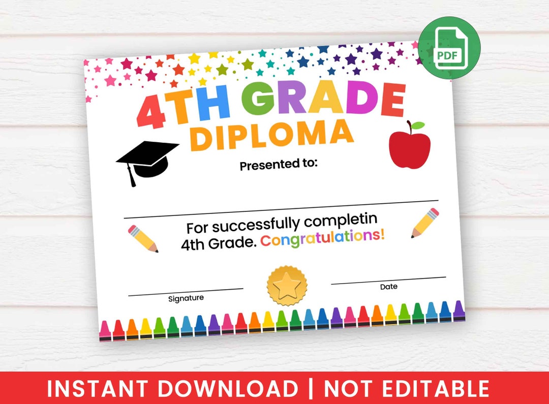 Printable 4th Grade Graduation Diploma End of School - Etsy