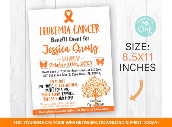EDITABLE Leukemia Cancer Fundraiser Event Flyer Orange - Etsy