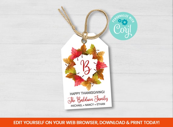 Editable Autumn Leaves Wreath gift tags, Happy Thanksgiving Self ...