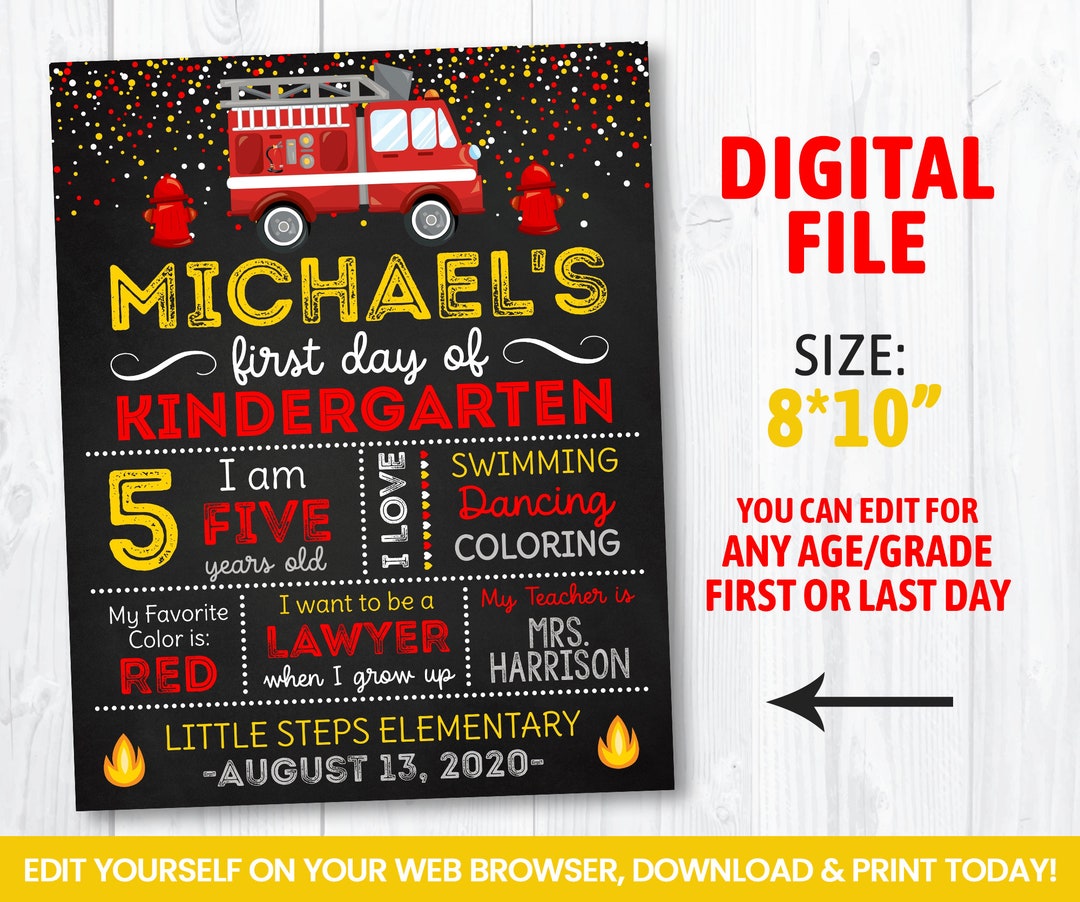 EDITABLE Fire Truck 1st Day of School Chalkboard Sign, Fire Engine ...