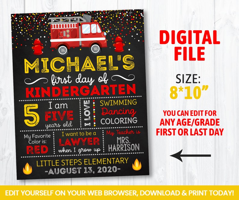 EDITABLE Fire Truck 1st Day of School Chalkboard Sign Fire | Etsy
