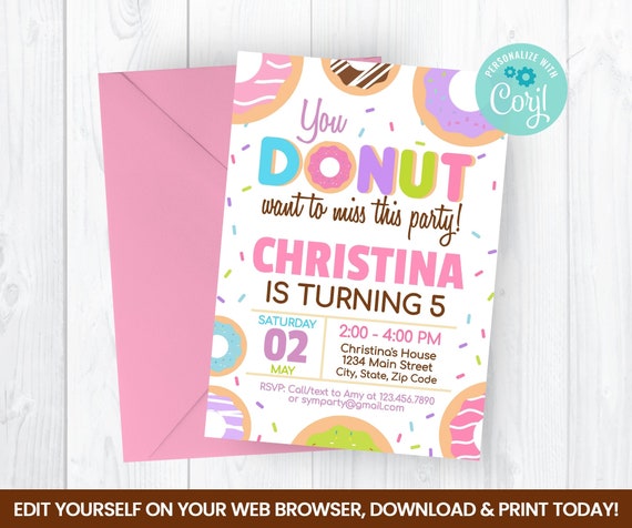 Editable Donut Invitation for Girl, Pastel Colors, Self Editing Invite ...