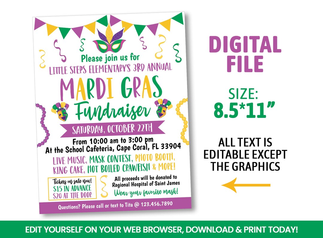 EDITABLE Mardi Gras Flyer Template, Mask, Masquerade Charity Non Profit ...
