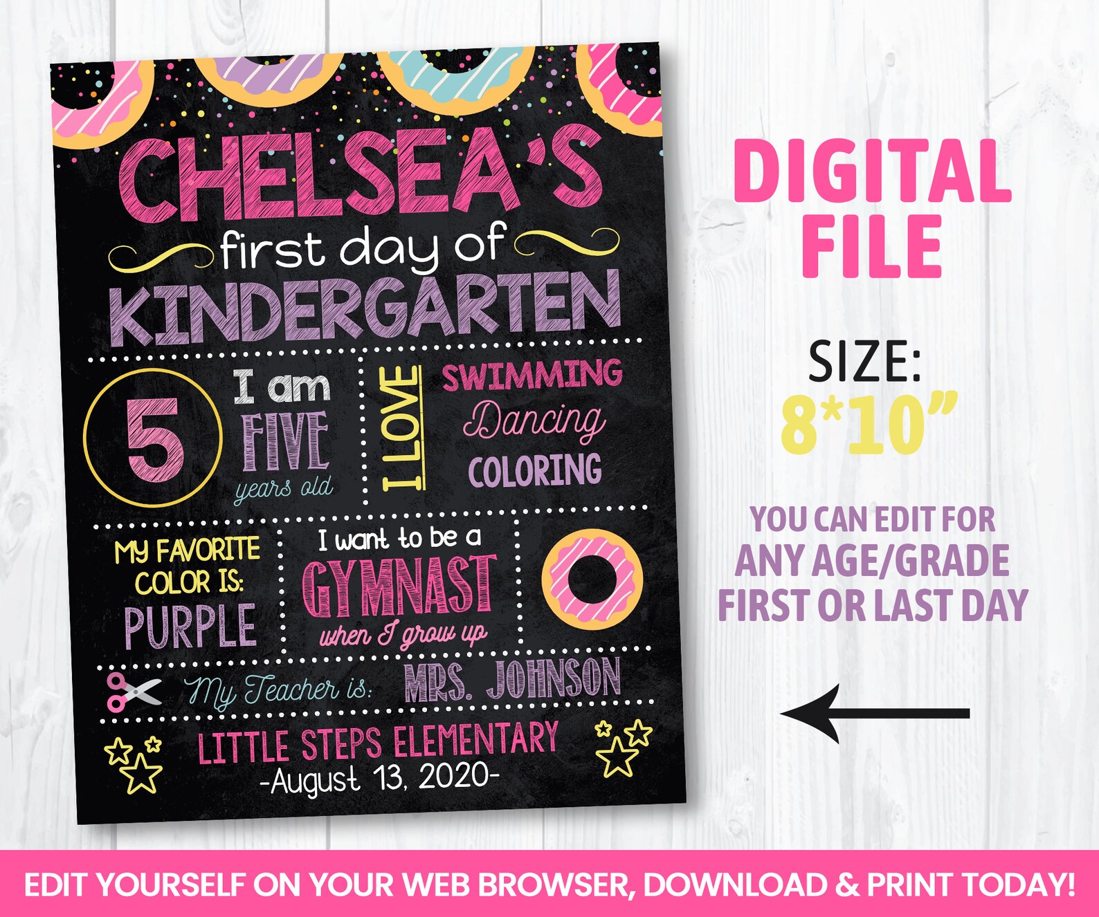 EDITABLE Donuts 1st Day of School Chalkboard Sign Donut | Etsy