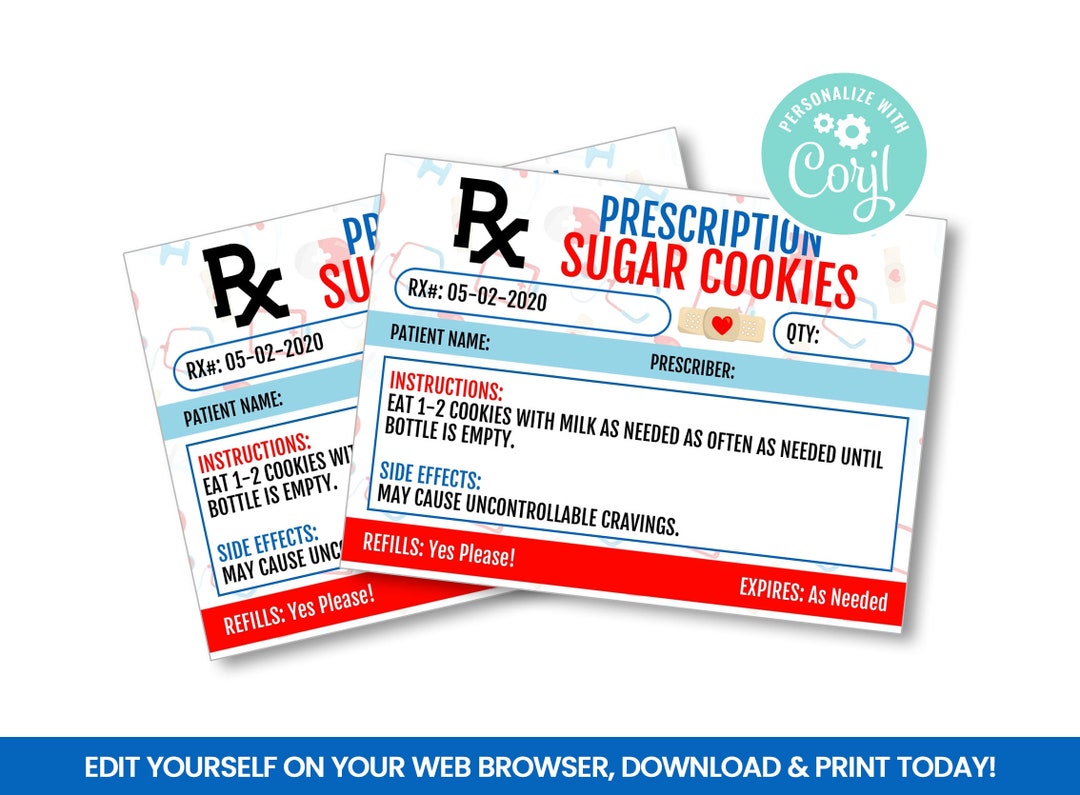 EDITABLE Nurse Appreciation Gift Tag, Rx Prescription Cookie, Treat ...
