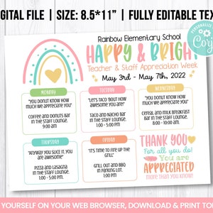 EDITABLE Teacher and Staff Appreciation Week Flyer, Itinerary Week Self ...