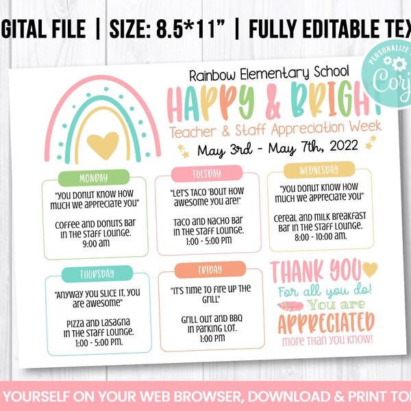 Staff Appreciation Week Calendar - Etsy