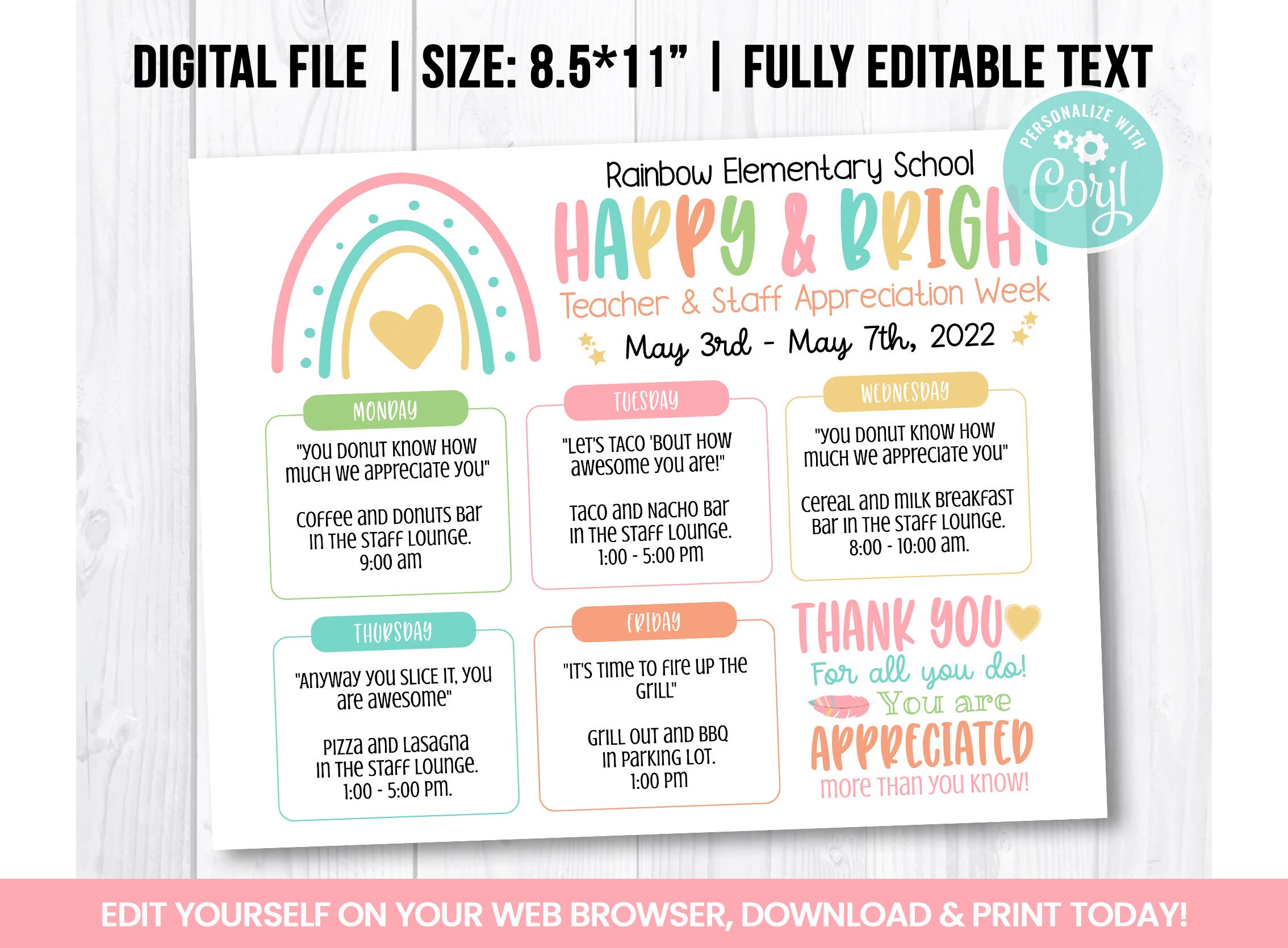 EDITABLE Teacher and Staff Appreciation Week Flyer Itinerary - Etsy