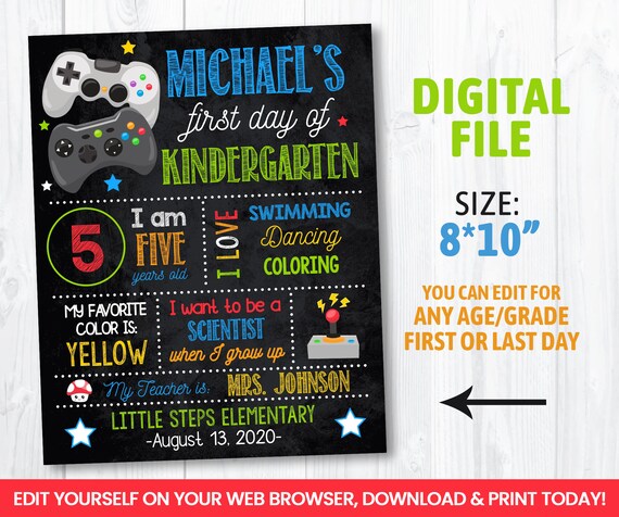 EDITABLE Video Game 1st Day of School Chalkboard Sign Gamer | Etsy