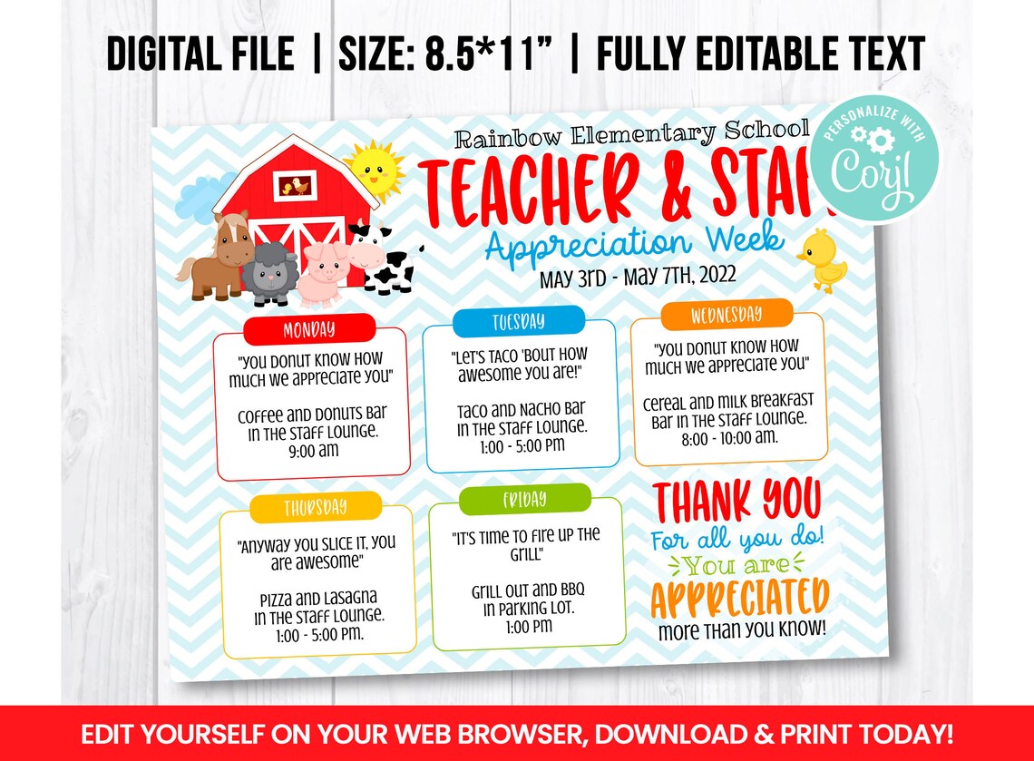 EDITABLE Teacher and Staff Appreciation Week Newsletter | Etsy