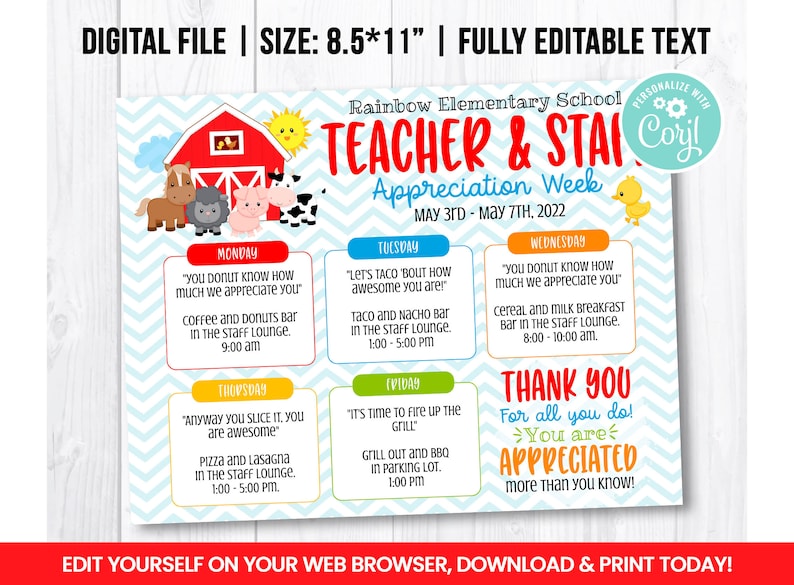 EDITABLE Teacher and Staff Appreciation Week Newsletter, Itinerary Week ...