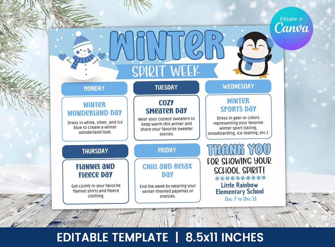 Winter Spirit Week Editable Itinerary, Self-editing Invite, Weekly ...