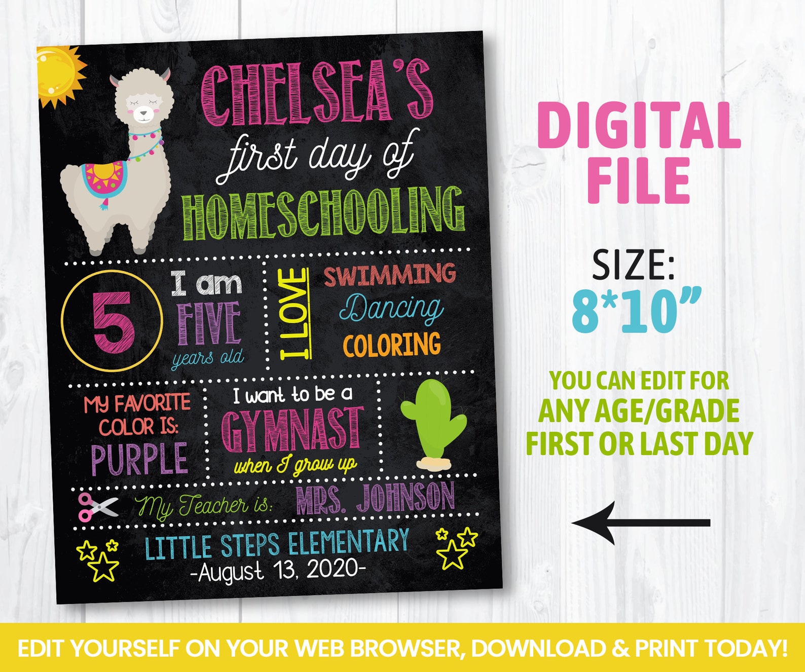 EDITABLE Llama 1st Day of School Chalkboard Sign Alpaca | Etsy