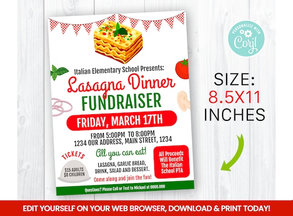 EDITABLE Lasagna Dinner Fundraiser Flyer Template, Charity Non Profit ...
