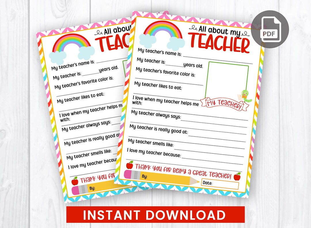All About My Teacher Appreciation Week Questionnaire, Kids Survey ...