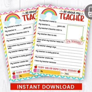 All About My Teacher Appreciation Week Questionnaire Kids - Etsy