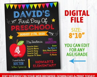 EDITABLE 1st Day of School Chalkboard Sign Apple and Books | Etsy