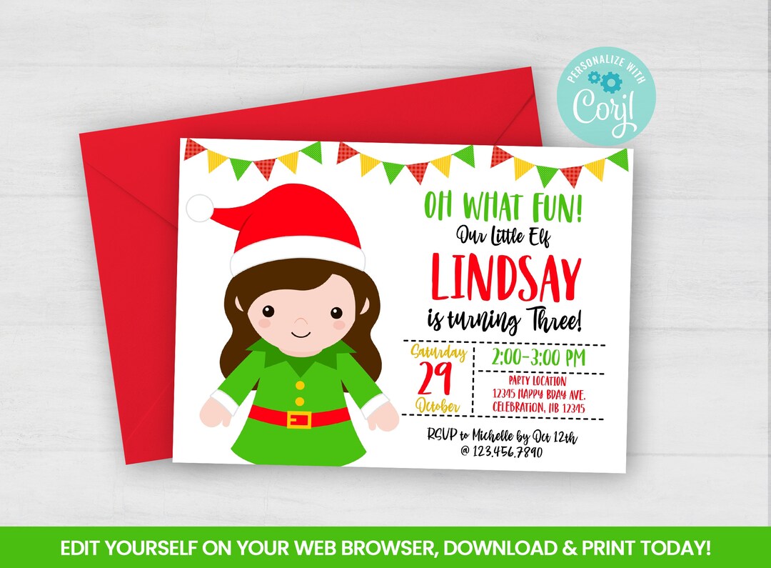 Editable Elf Birthday Invitation for Girl Holiday Party Self - Etsy