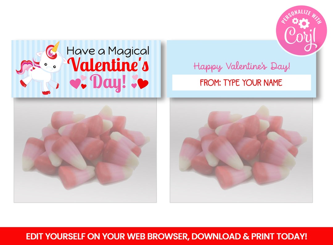 EDITABLE Unicorn Treat Tag Topper, Magical Valentine's Day Goodies Bag ...