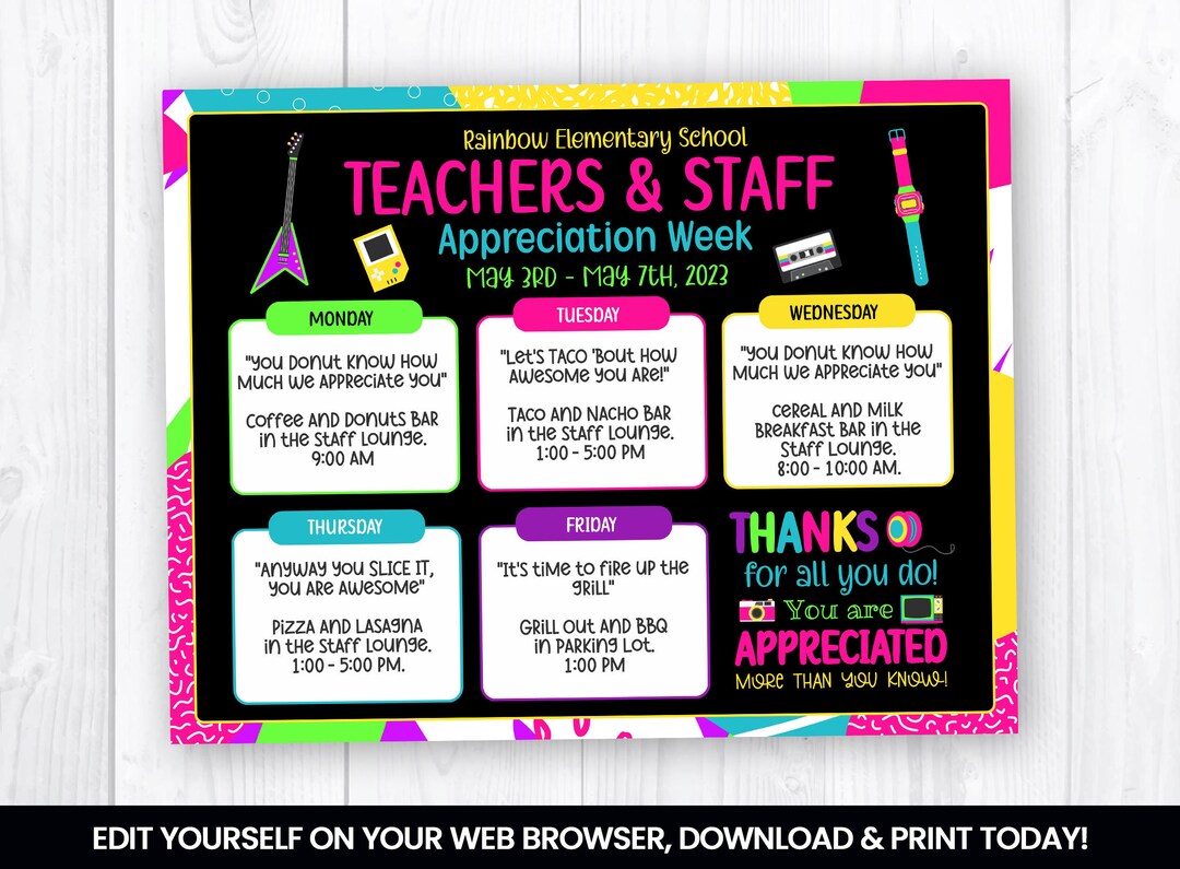 EDITABLE 80s Teacher & Staff Appreciation Flyer, Retro Guitar Itinerary ...
