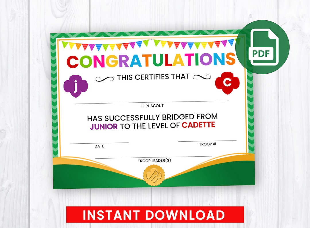 Girl Scout Bridging Certificate, Junior to Cadette Ceremony PDF Instant ...