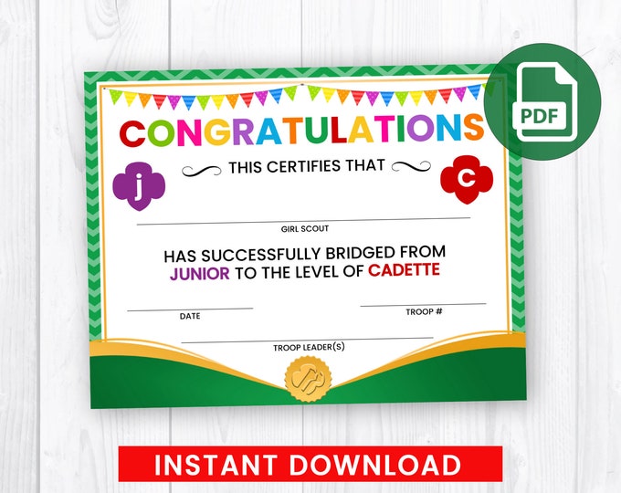 Girl Scout Bridging Certificate, Junior to Cadette Ceremony PDF Instant ...