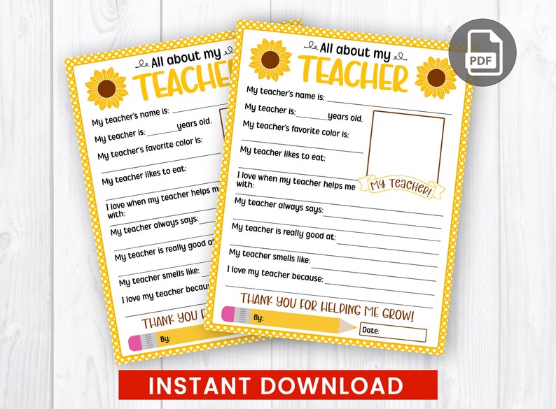 All About My Teacher Appreciation Week Questionnaire Kids - Etsy