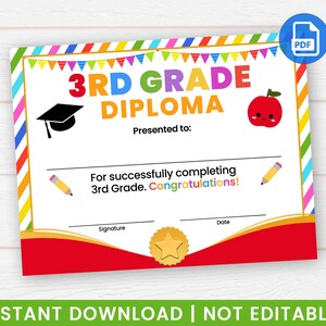 Printable 3rd Grade Graduation Diploma, End of School Certificate, PDF ...