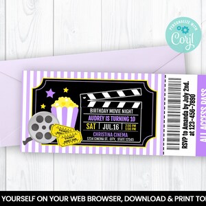 Editable Movie Night Ticket Invitation, Cinema Girl Self Editing Invite ...