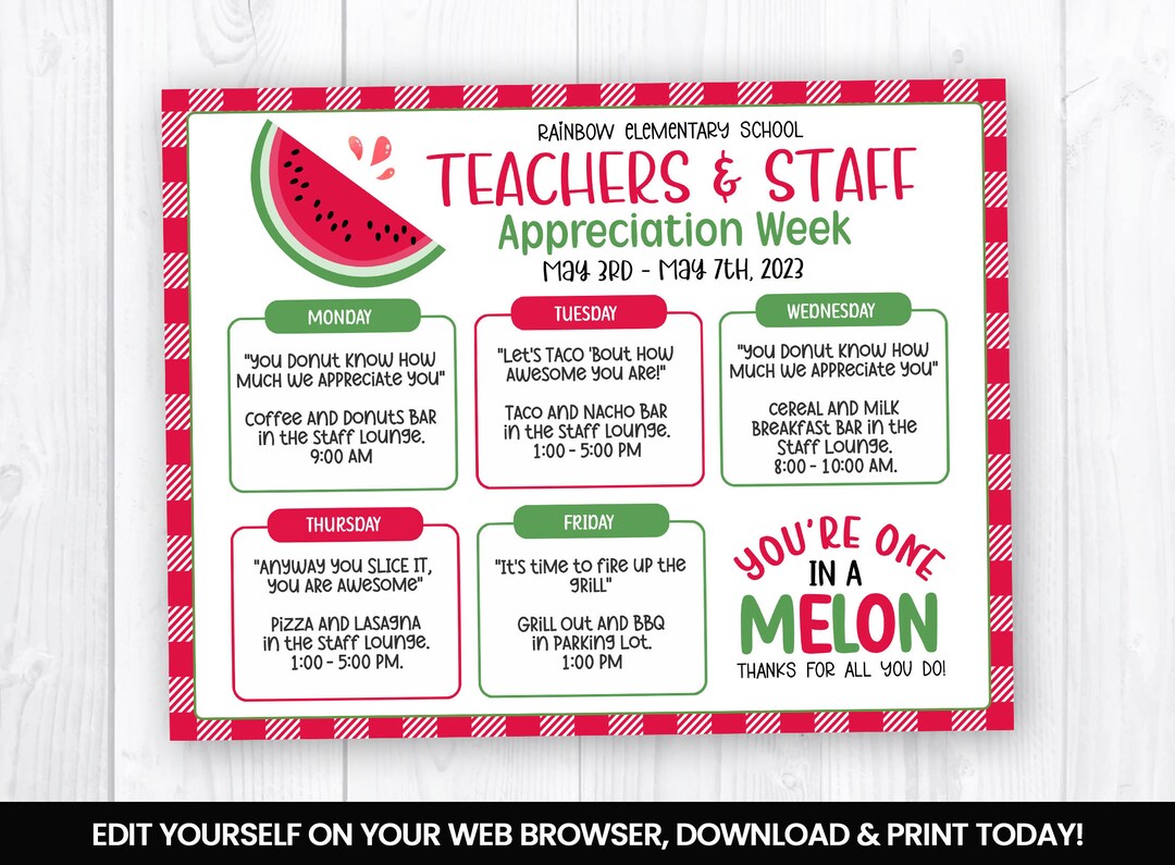 EDITABLE Watermelon Teacher & Staff Appreciation Week Itinerary, Fruit ...