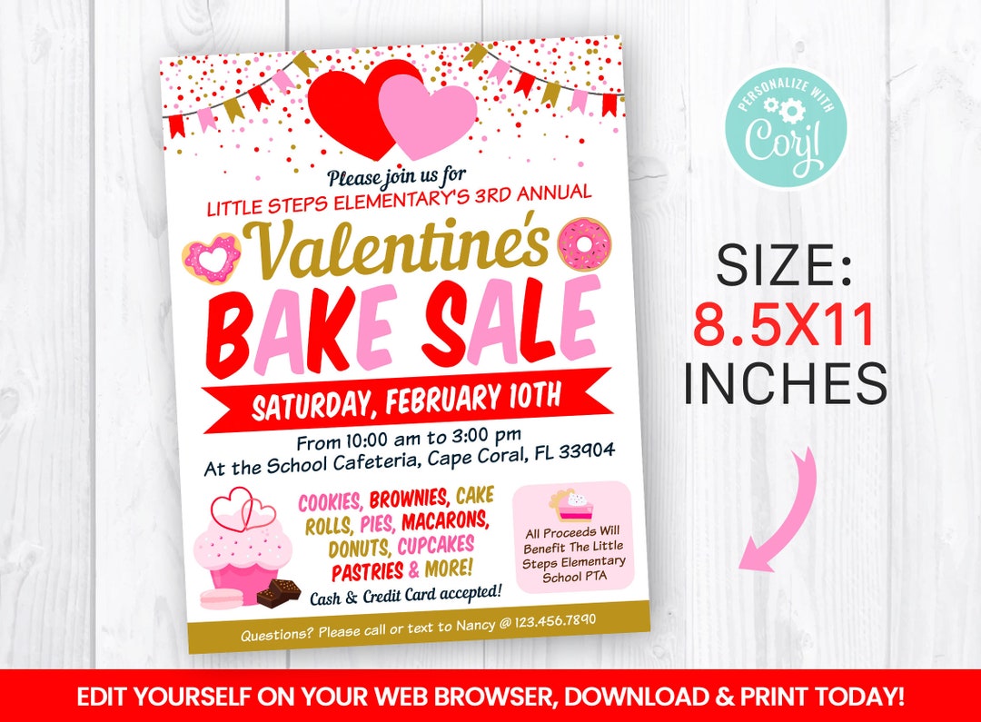 EDITABLE Happy Valentine's Day Bake Sale Flyer Template, Charity Non ...