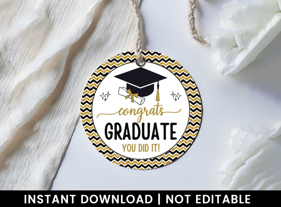Graduation Party Round Tags, Gold and Black Printable Label Design, 2x2 ...