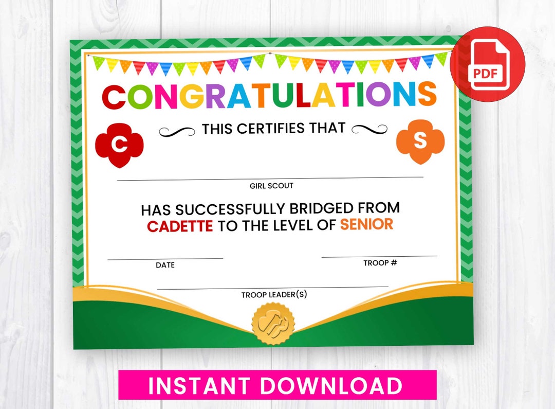 Girl Scout Bridging Certificate, Cadette to Senior Ceremony PDF Instant ...