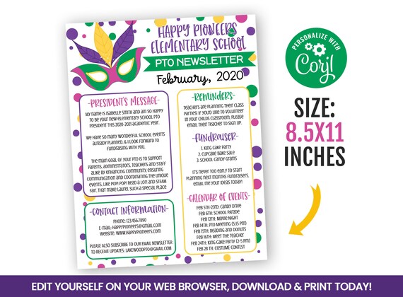 EDITABLE School Pto Pta Mardi Gras Newsletter, February Meeting, Mask ...